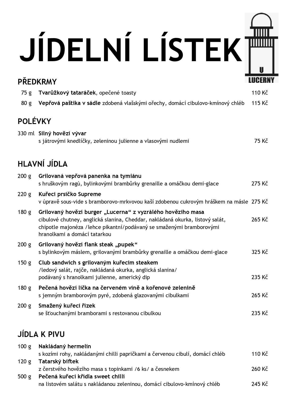 Jídelní lístek restaurace U Lucerny - Restaurace U Lucerny | Rodinná restaurace v centru Brna